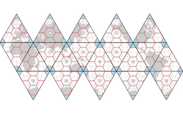 "Flat-top" hexagonal grid in an icosahedral foldout / linard-y | Observable
